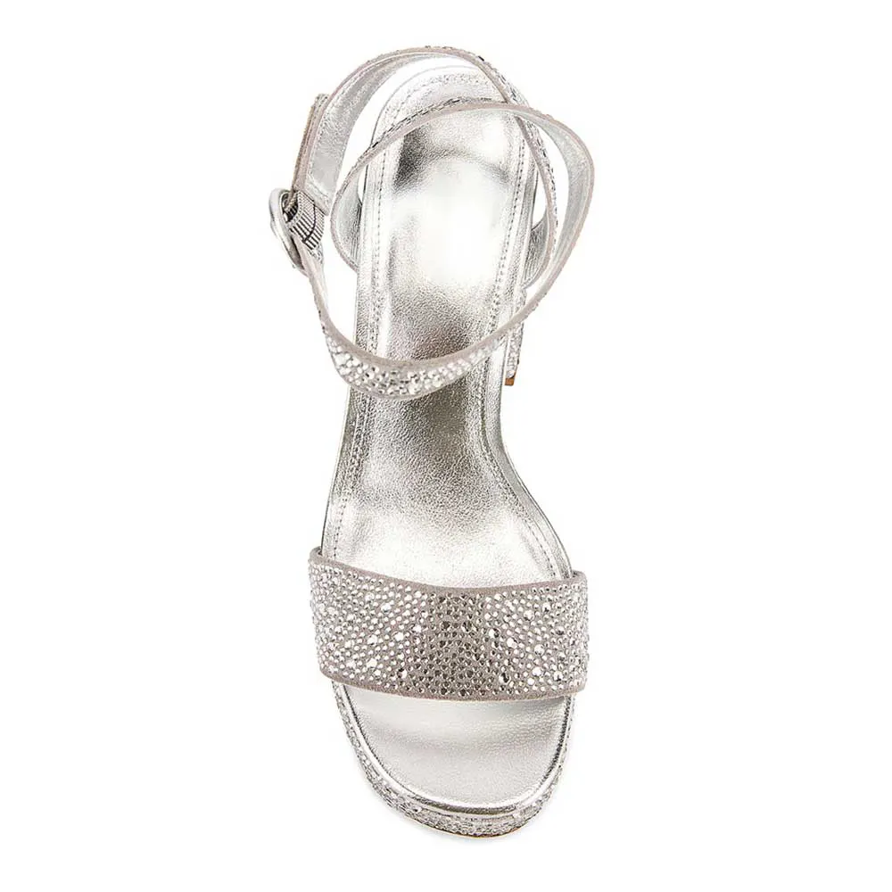Silver Metallic Touch Rhinestone Embellished Platform Party Sandals