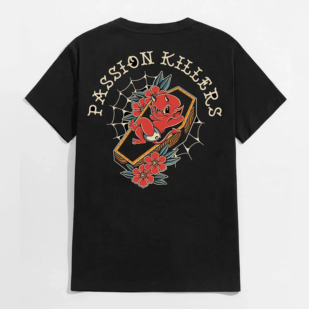 PASSION KILLERS Evil Elf in the Coffin Black Print T-shirt