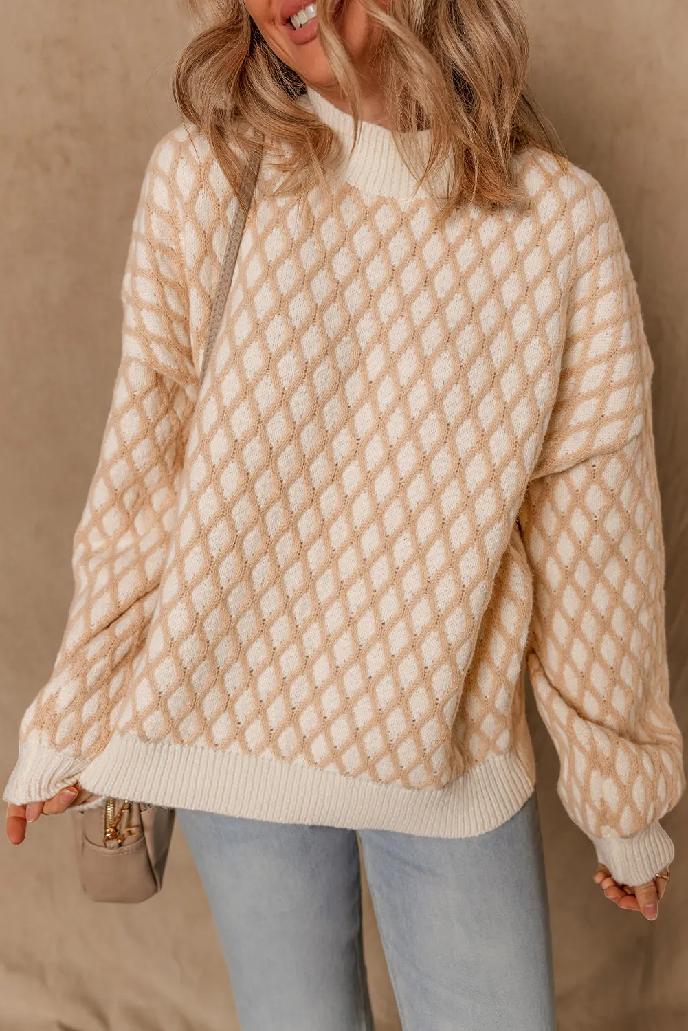Women's Elegant Warm Rhombus Textured Knit Mock Neck Sweater