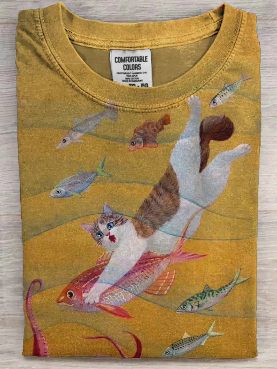 Fun Cat Catching Fish Print Casual Short Sleeve T-Shirt
