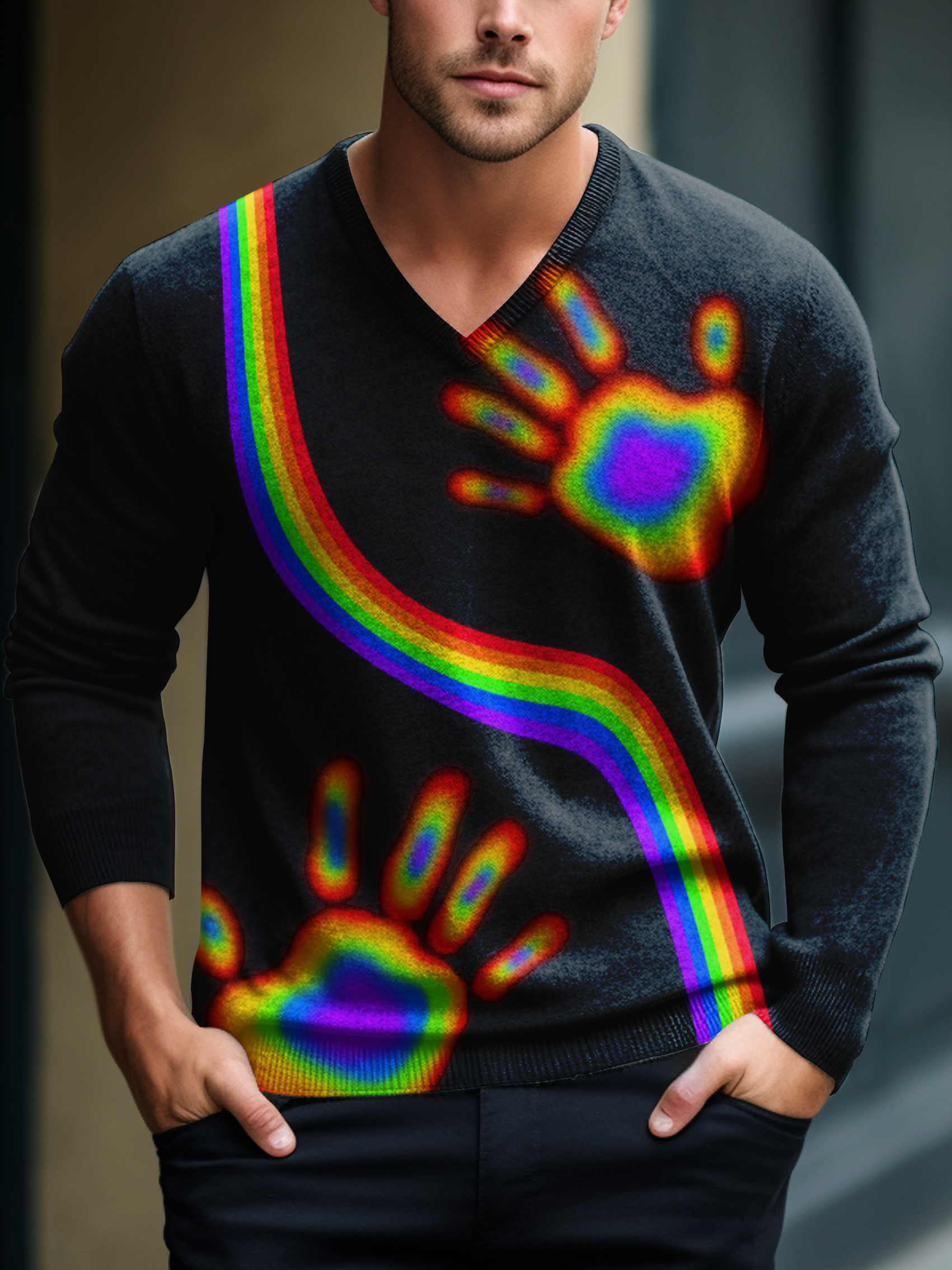 Men LGBT Rainbow Rainbow Palm V-Neck Lnit Long Sleeve Sweater
