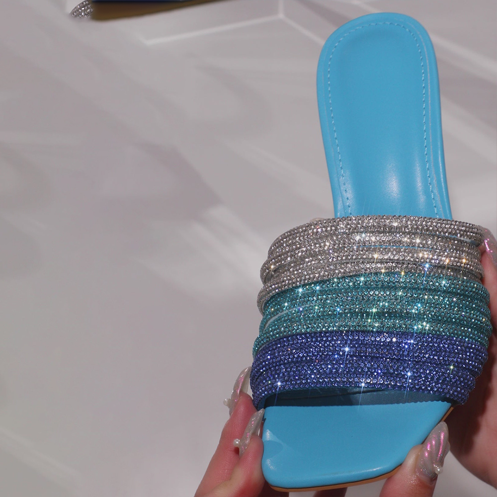Blue Opened Square Toe Rhinestone Strappy Mules With Stiletto Heels