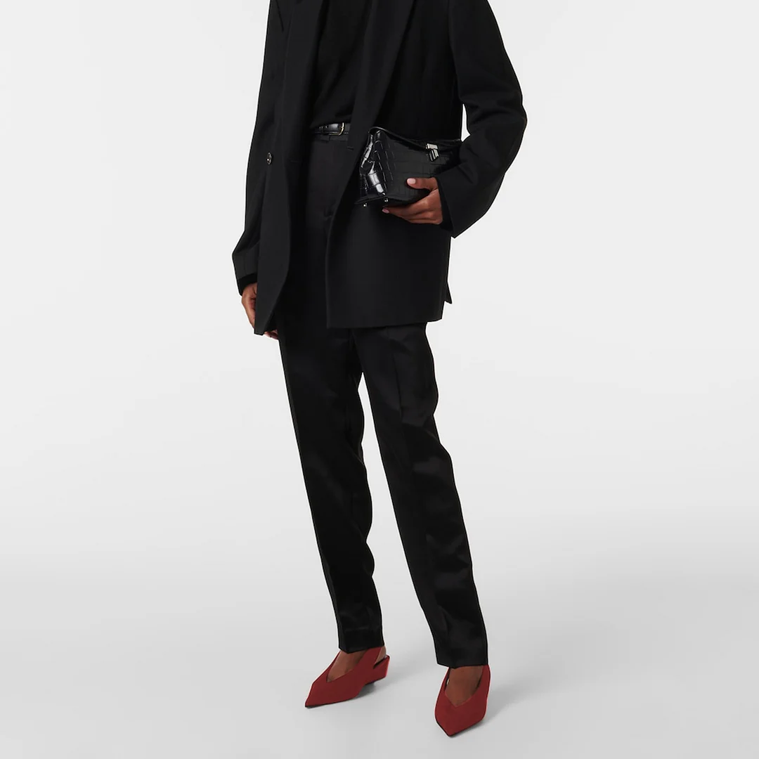 Dark Red Pointed Toe Slingback Strappy Classy Pumps with Wedge Heel