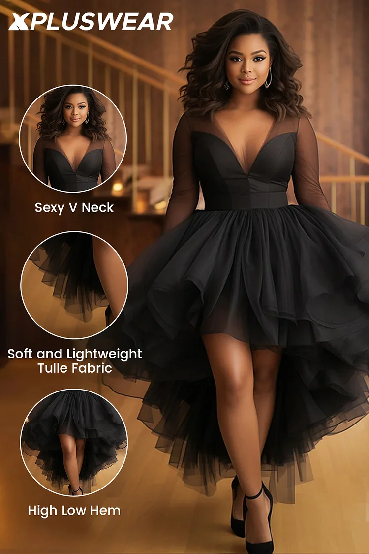 Xpluswear Design Plus Size Cocktail Party Black V Neck Long Sleeve High ... Xpluswear Design Plus Size Cocktail Party Black V Neck Long Sleeve High ...