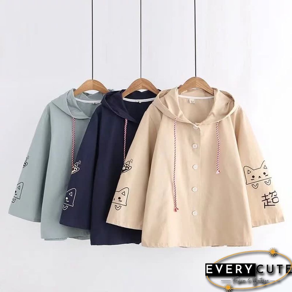 Japanese Kitty Print Cape Hooded Outerwear