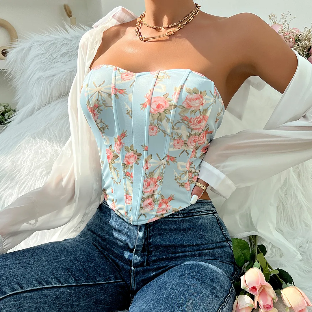 FLORAL FISHBONE CORSET TUBE TOP