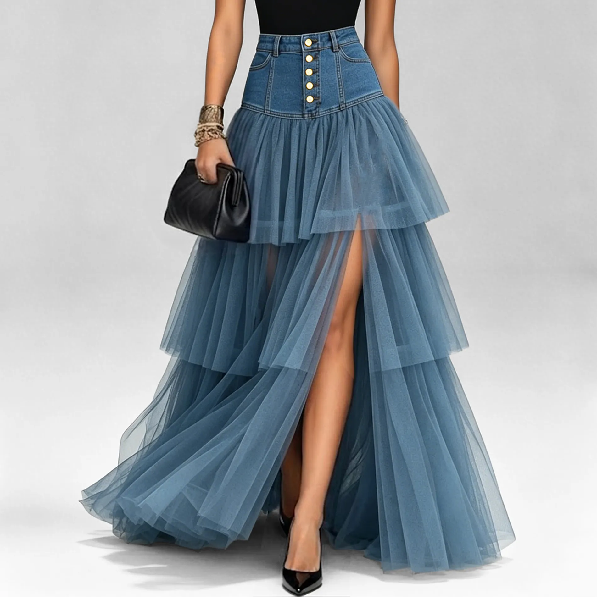 Women's Denim Patchwork Layered Tiered Tulle Mesh Slit High Waist Cake ...
