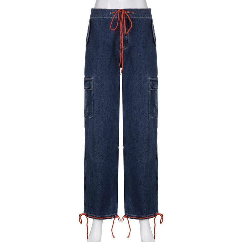 RED STRING MULTI-POCKET CARGO JEANS