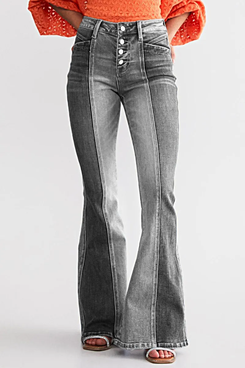 Cut & Sew Button Fly Mid Waist Flare Jeans - MissTip