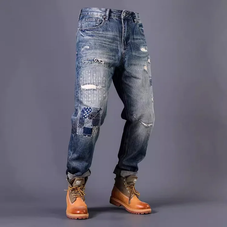 denimsuper Vintage Distressed Patchwork Straight Jeans
