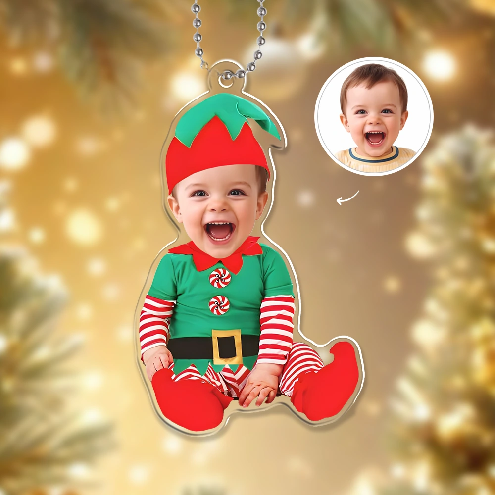 Newborn Baby Christmas Elf Personalized Custom Acrylic Ornament 3.55 inches