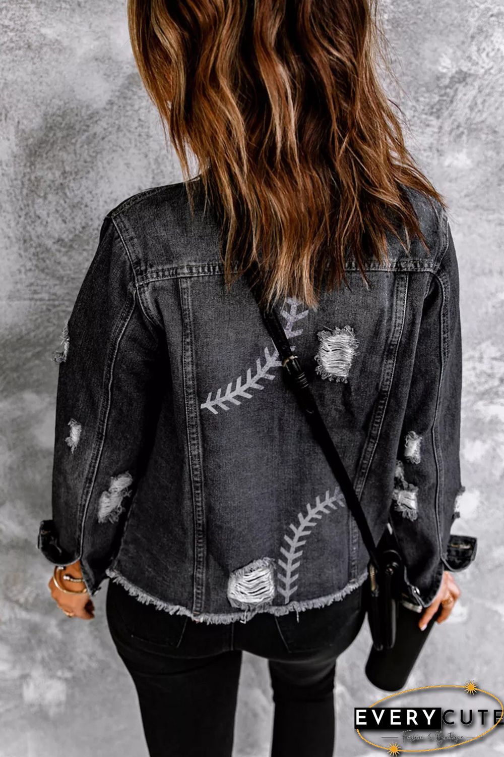 Wholesale Black Laser Etching Baseball Pattern Distressed Denim Jacket ...
