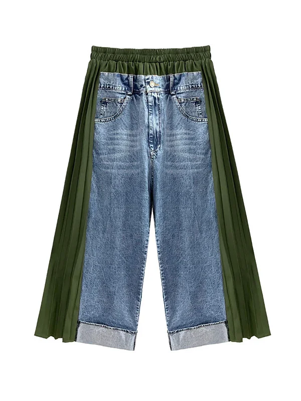 Stylish Contrast Color Pleated Split-Joint Wide Leg Jeans