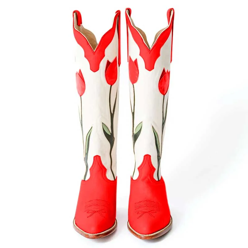 FSJ Red Chunky Heel Tulips Detail Knee High Cowboy Boots for Women