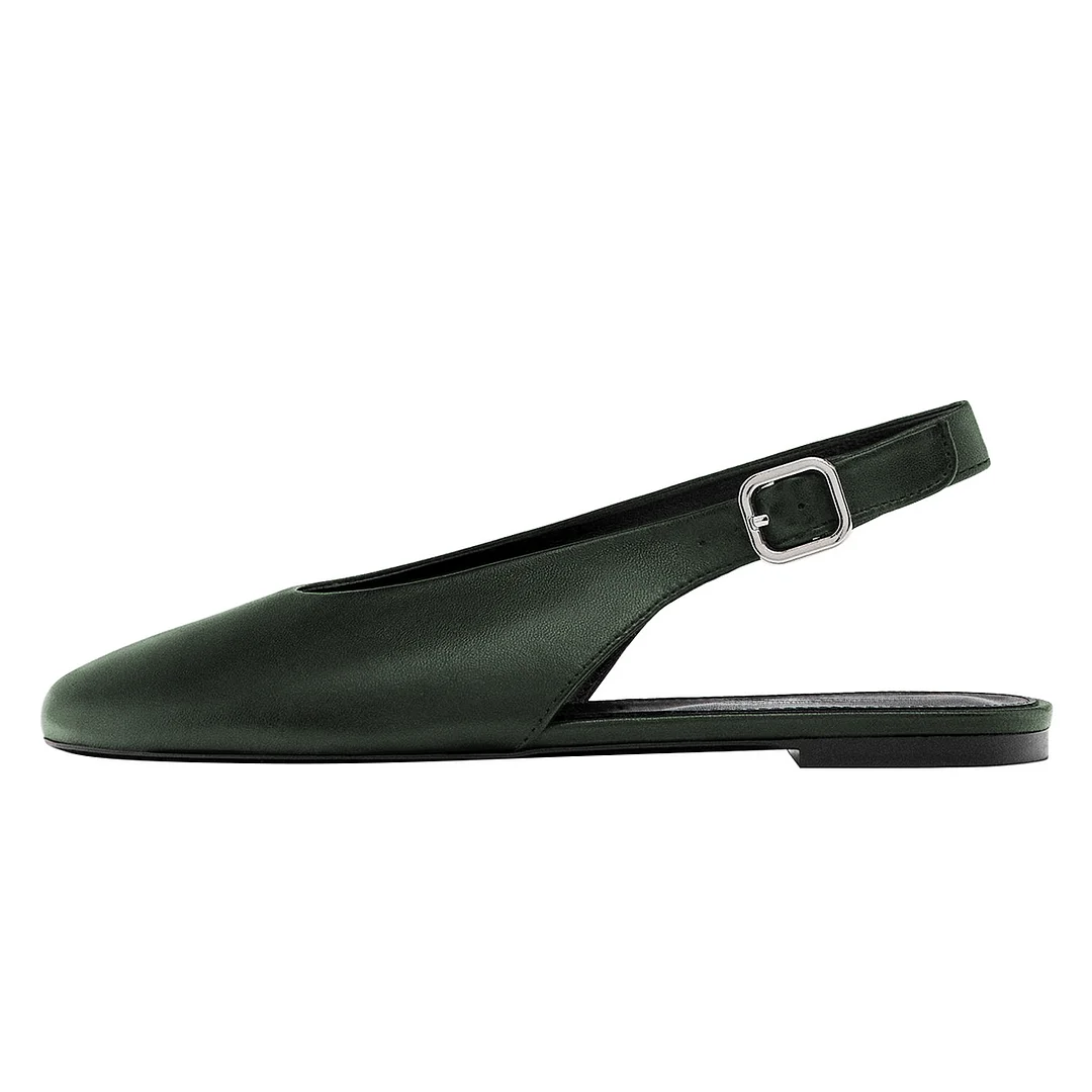 Dark Green Vegan Leather Buckle Flat Slingback Closed Toe Shoes