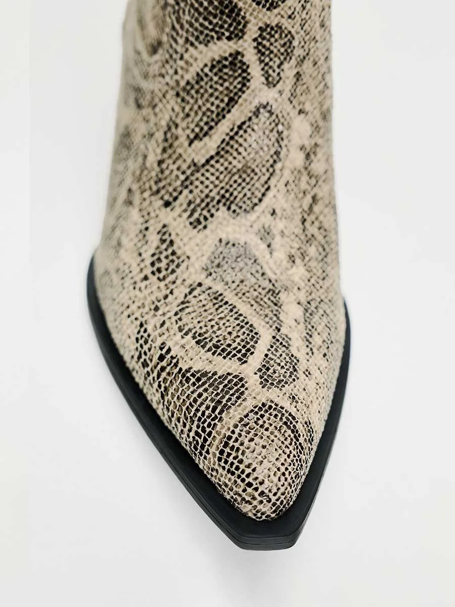 Gray Snip Toe Vegan Leather Python Wide-Calf Knee-High Cowgirl Boots