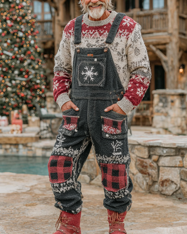 Men's Christmas Party Embroidered Overalls 1402