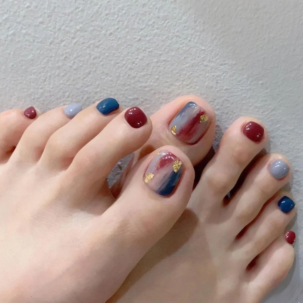 Churchf Shiny Artificial False Toe Nails Navy Blue Bloom Fake Toenails ...