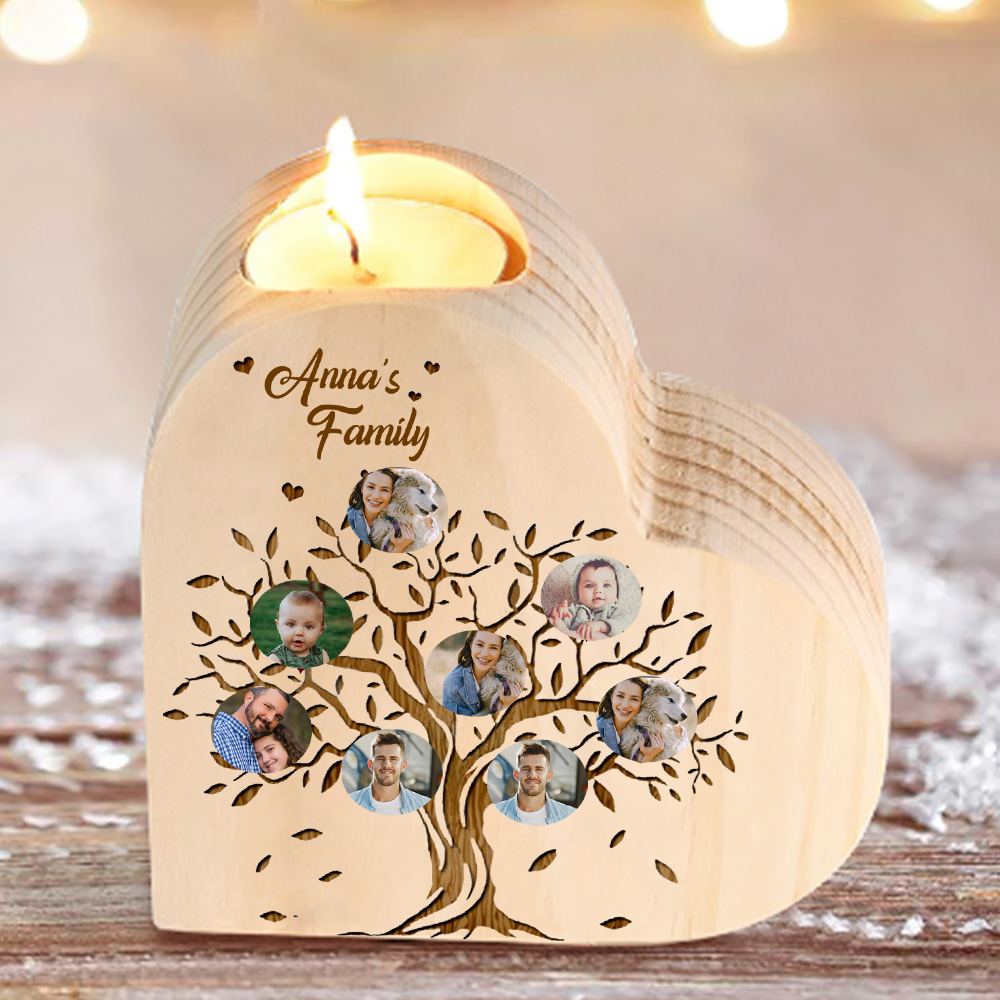 Family Photo Wooden Heart Candle Holder Custom 8 Photos Family Tree ...