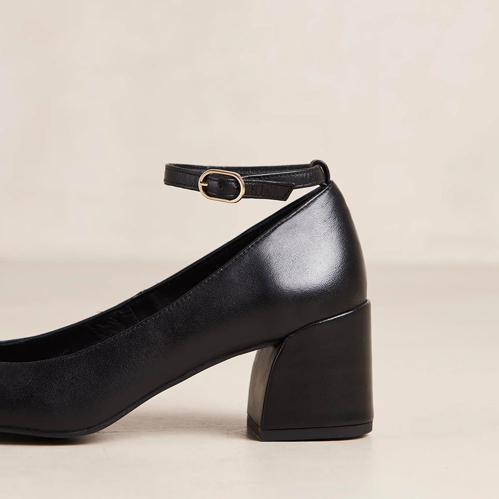 Classic Black Round Toe Ankle Strap Block Heel Pumps