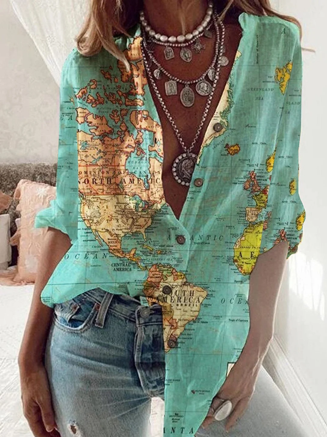 Casual Cotton-Blend Long Sleeve map shirt
