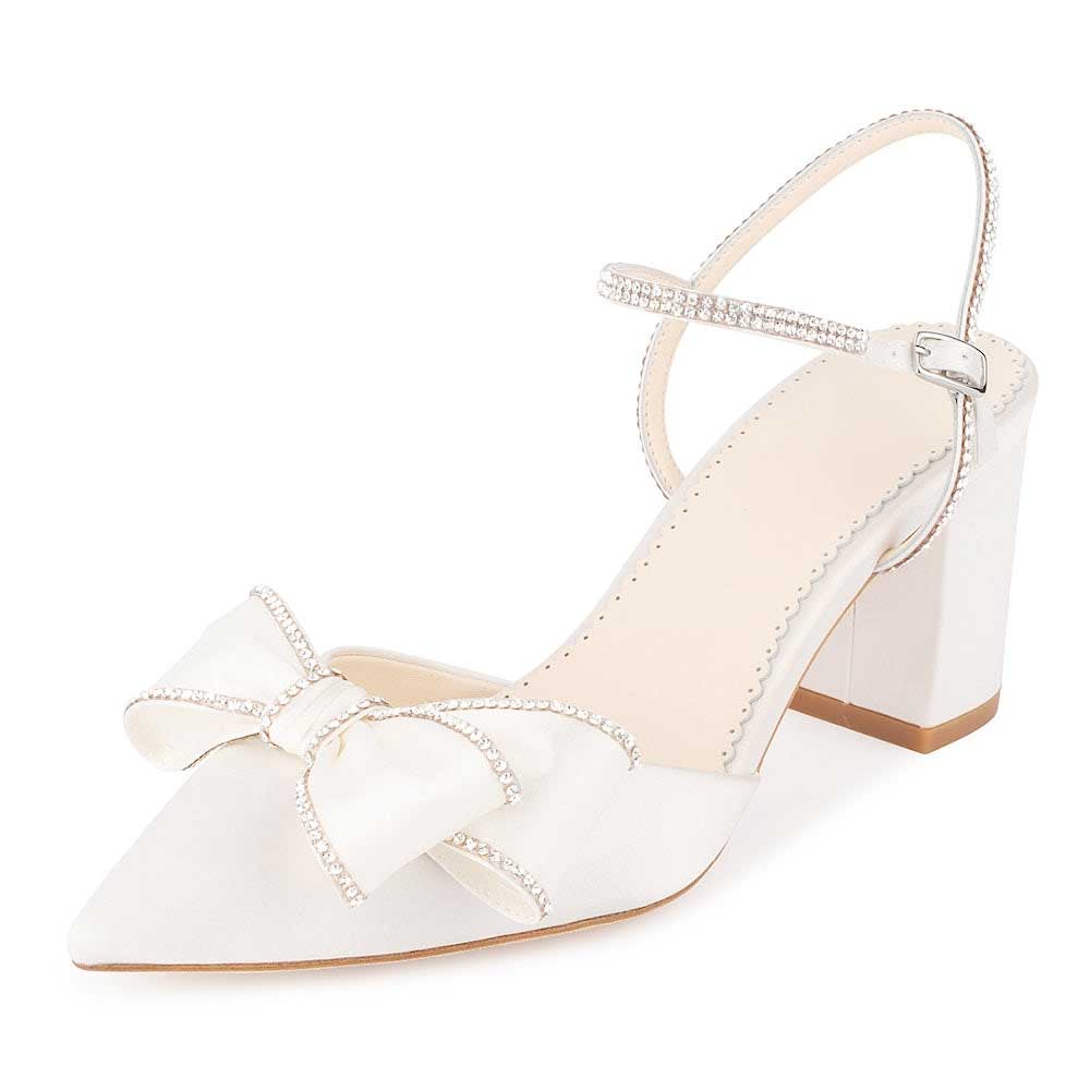 White Satin Pointed Toe Block Heel Bow Inlay Slingback Pumps