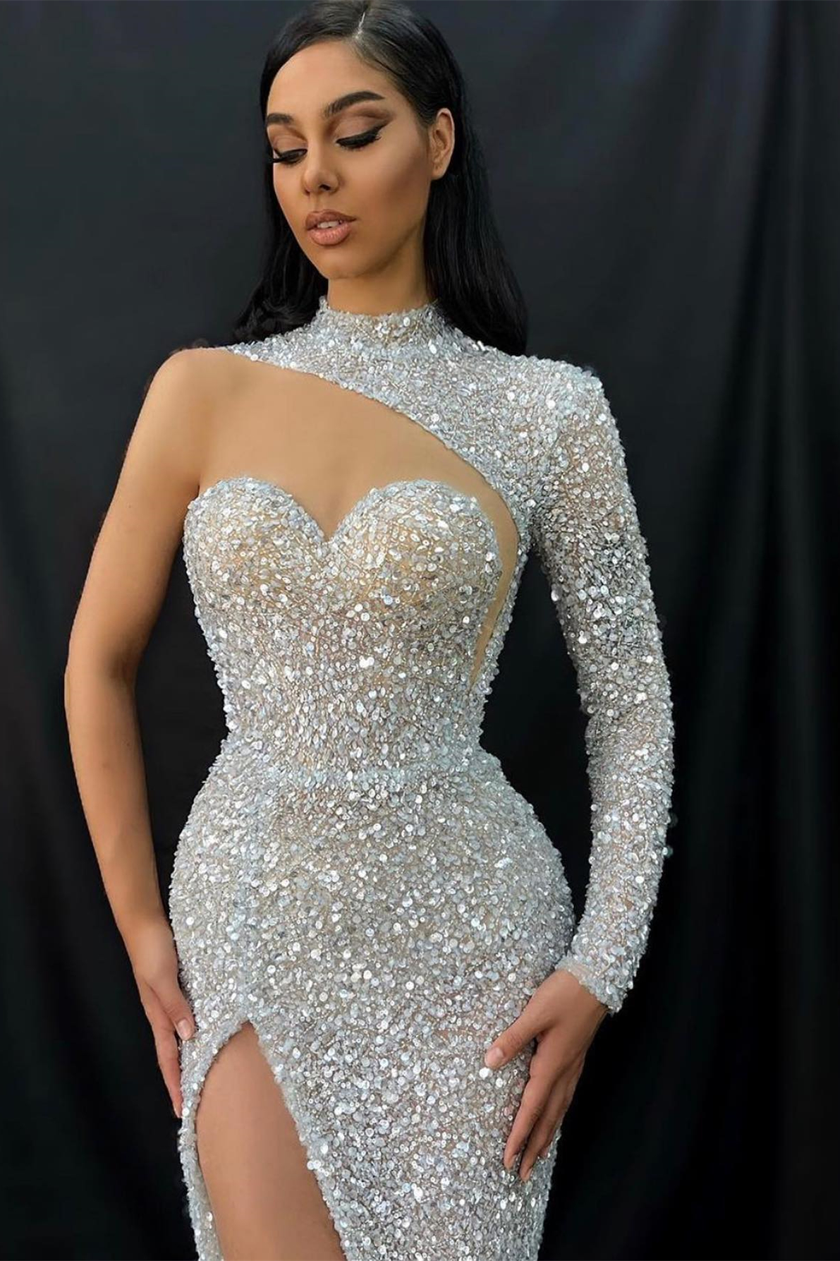 Miabel Long Sleeve One Shoulder High Collar Evening Dress Sweetheart ...
