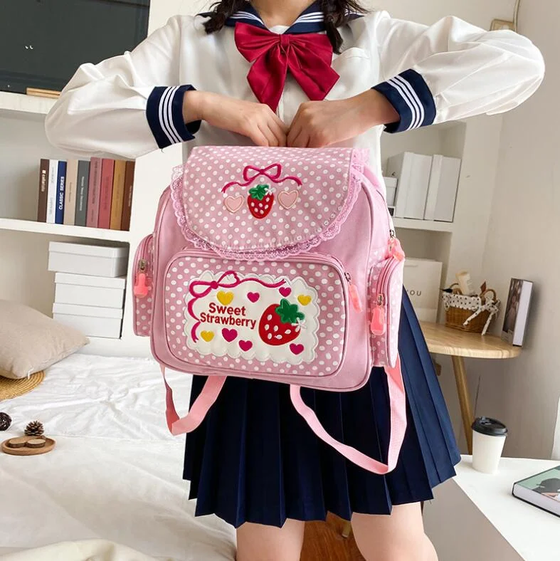 SWEET STRAWBERRY EMBROIDERED LACE BACKPACK