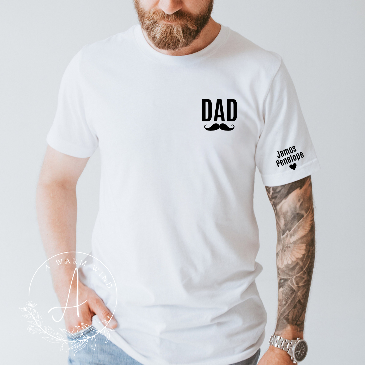 Best Mustache Dad Ever-Custom Dad Shirt with Kids Names On Sleeve,Dad Gift