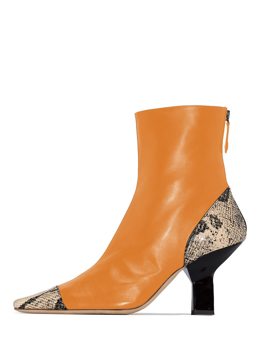 Orange Closed Square Toe Back Zipper High Heel Women Ankle Boots