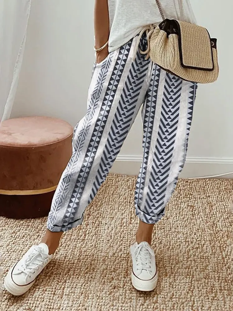 Vintage Ethnic Stripes Linen Loose Cozy Pants