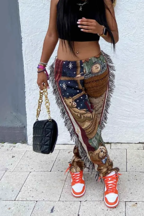 Fashion Casual Regular Print Fringe Edge Pants