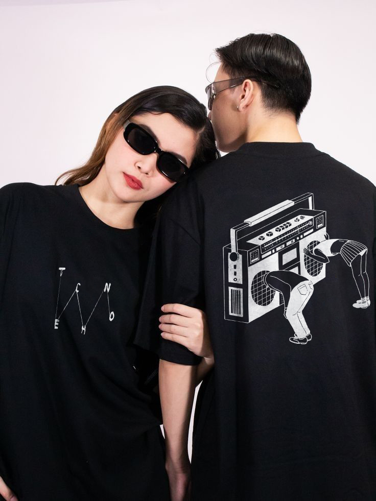 Techno And Radio Front And Back Printed Couple T-shirt