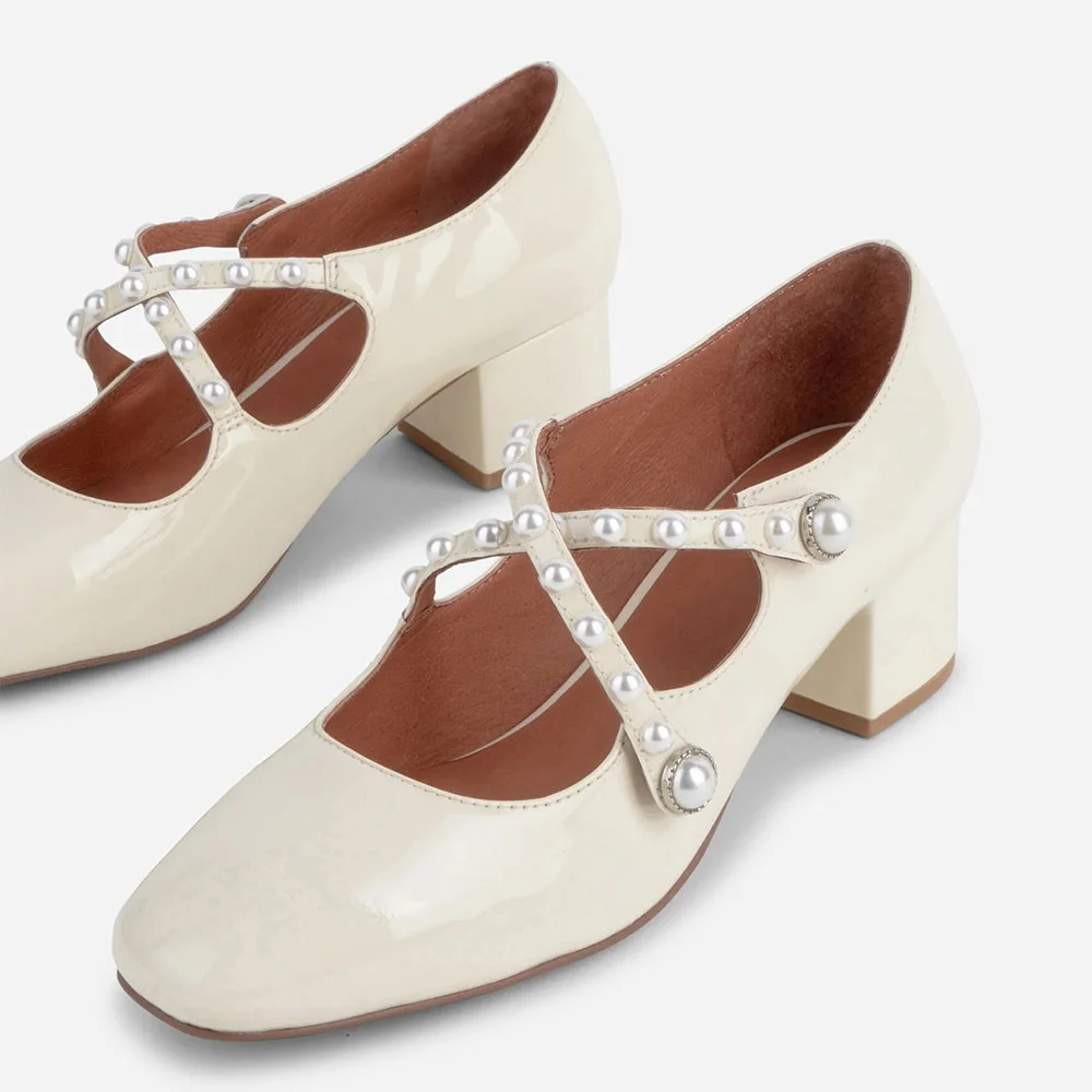 Women's Ivory Square Toe Pearl Cross Strap Block Heel Pumps