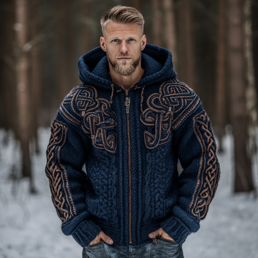 Men's Vintage Viking Celtic Knot Art Chunky Knit Hooded Zip-up Sweater
