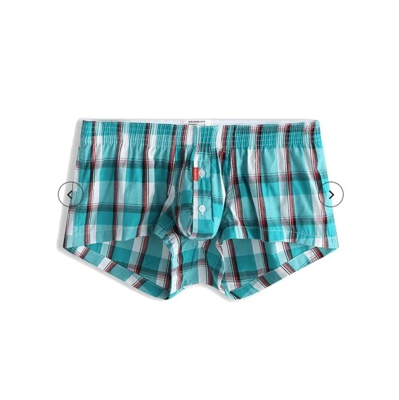 Men's Plaid Front Pouch Button Cotton Boxer Briefs