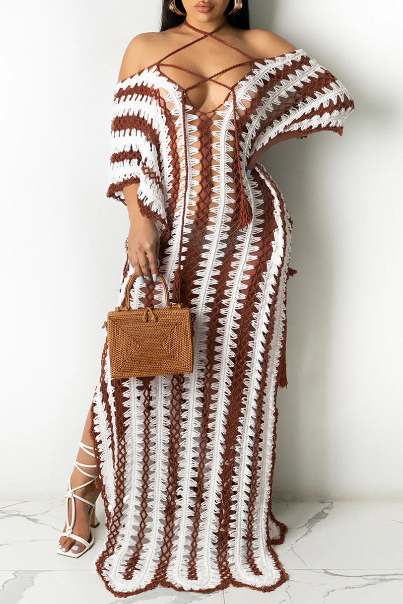 Fashion Pierced Split Joint See-through Slit Halter Short Sleeve Dress