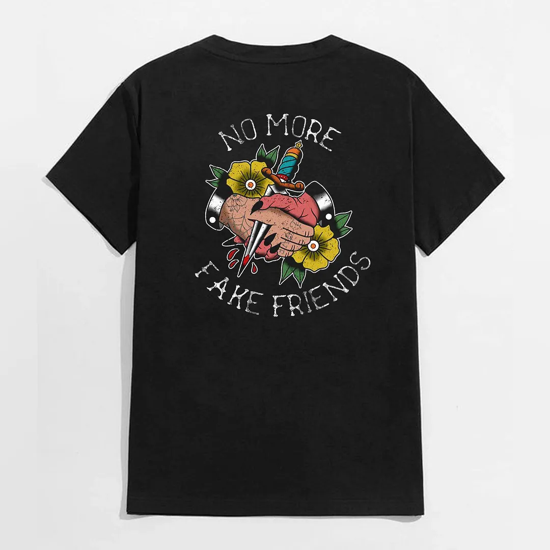 MOTOSUNNY NO MORE FAKE FRIENDS Shake Hands Casual Graphic Black Print T ...