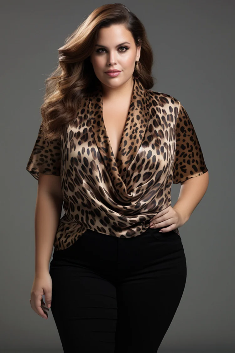 Xpluswear Design Plus Size Daily Brown Leopard Cowl Neck Short Sleeve