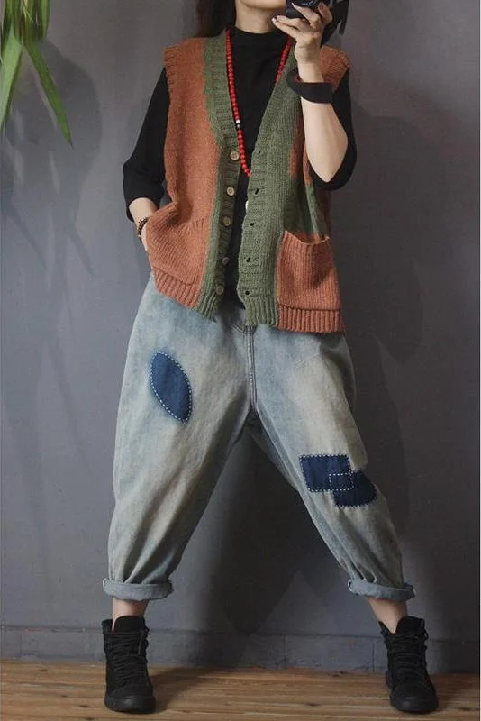 Retro Knitted Color Contrast Sleeveless Sweater Coat