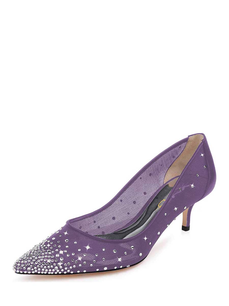 Dark Purple Mesh & Satin Closed Toe 2 Inch Kitten Heel Pumps for Women