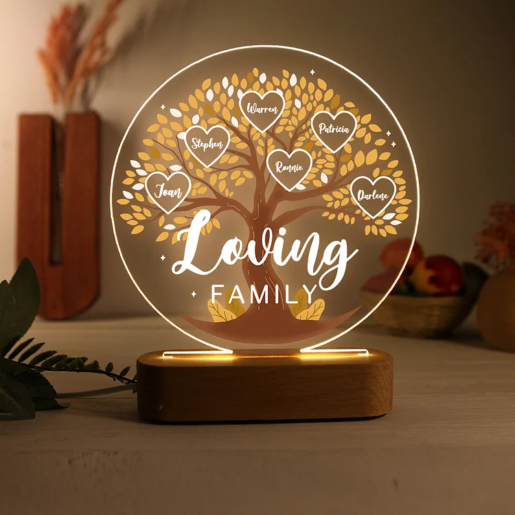 6 Names-Personalized Family Tree Round Night Light Custom Text LED Lamp ...