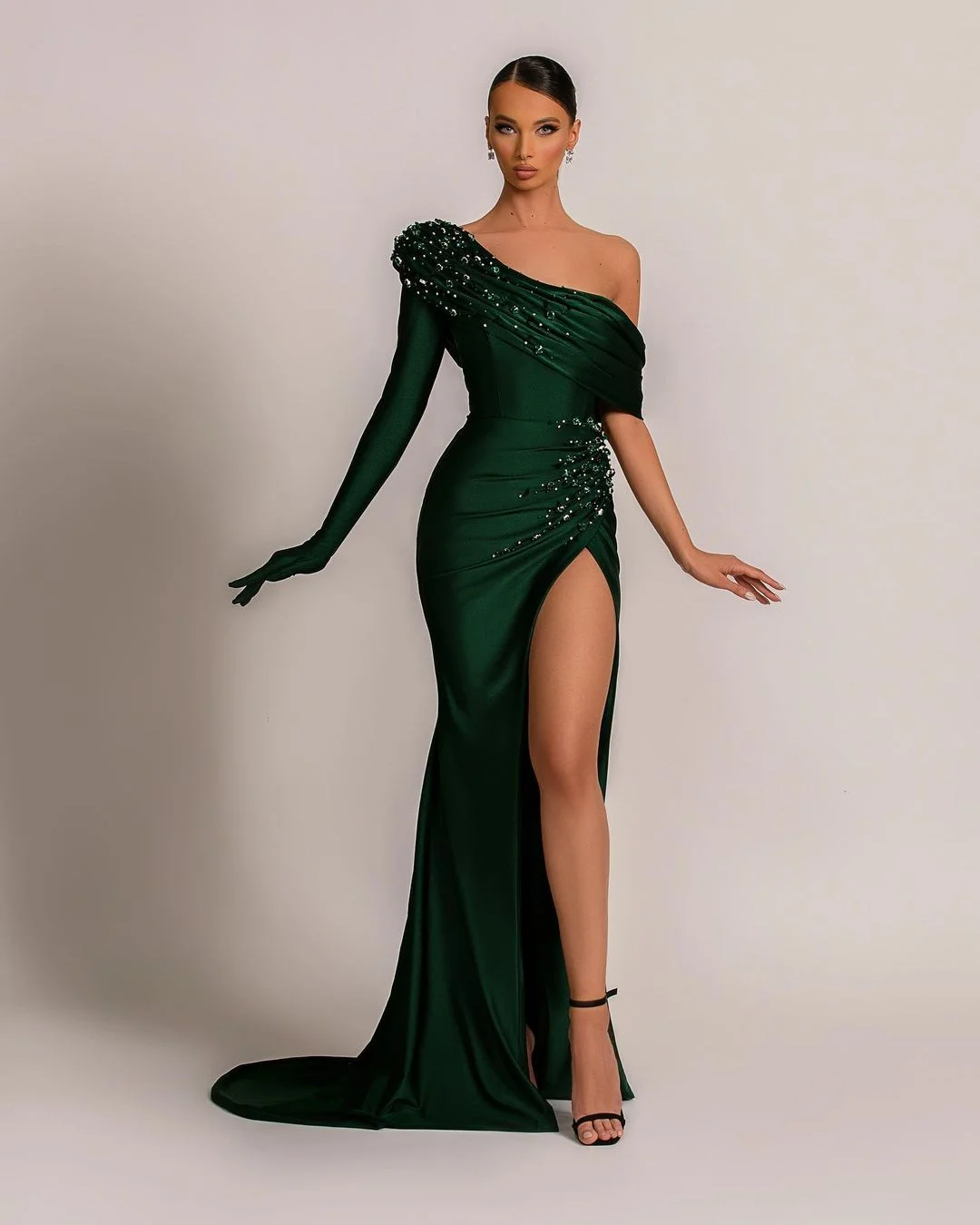 Emerald Green Evening Dress One Shoulder With Pearl Split YL0148