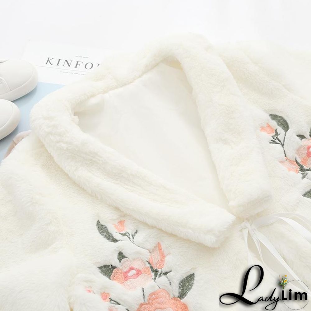 Sweet Flower Embroidery Short Jacket Fuzzy Ball - Ladylim