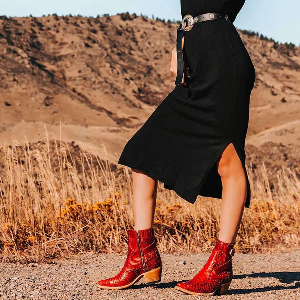 Red Snip Toe Chunky Heel Snake Embossed Western Boots for Women