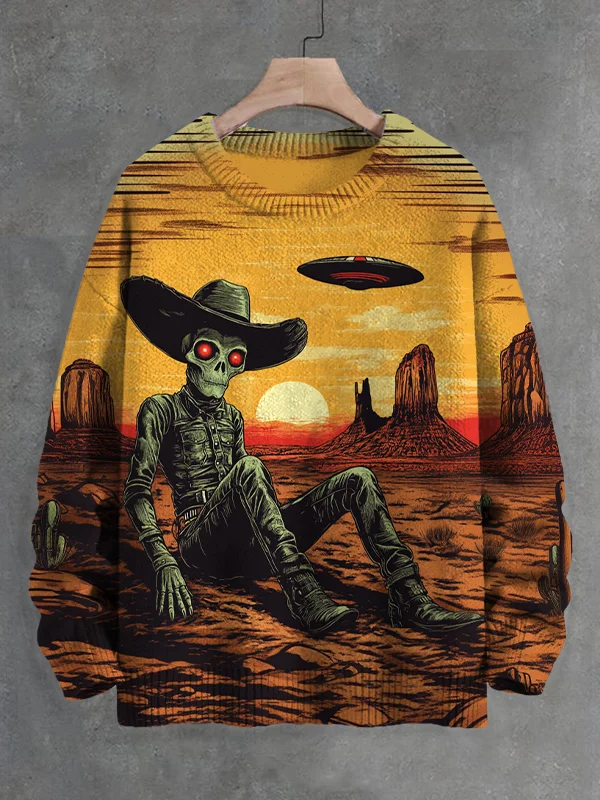 Men's Alien Cowboy Desert UFO Art Print Knit Sweatshirt