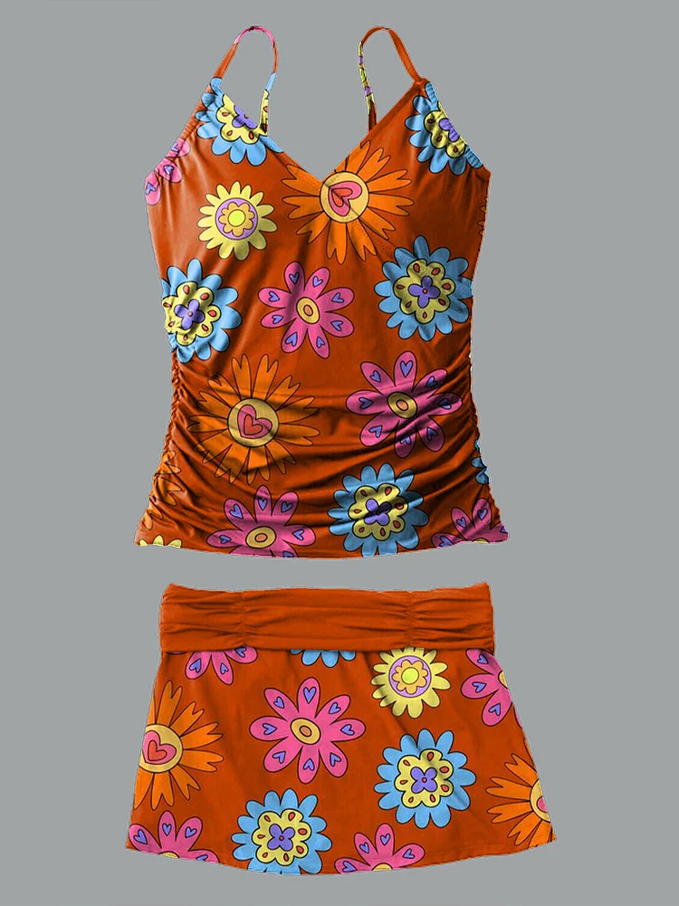 V-Neck Orange Flowers Vigate Hippie Peace Print Suspender Skirt Tankini ...