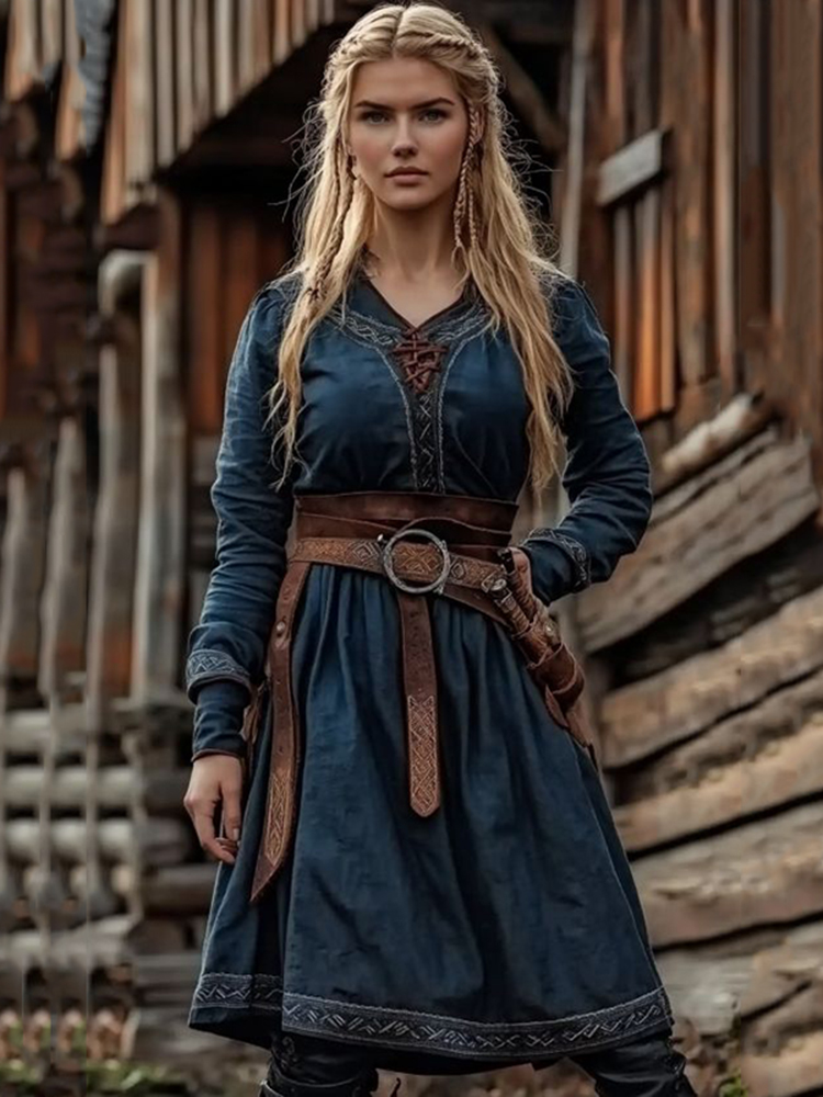 Womens Vintage Viking Tribal Celtic Design V Neck Linen Dress