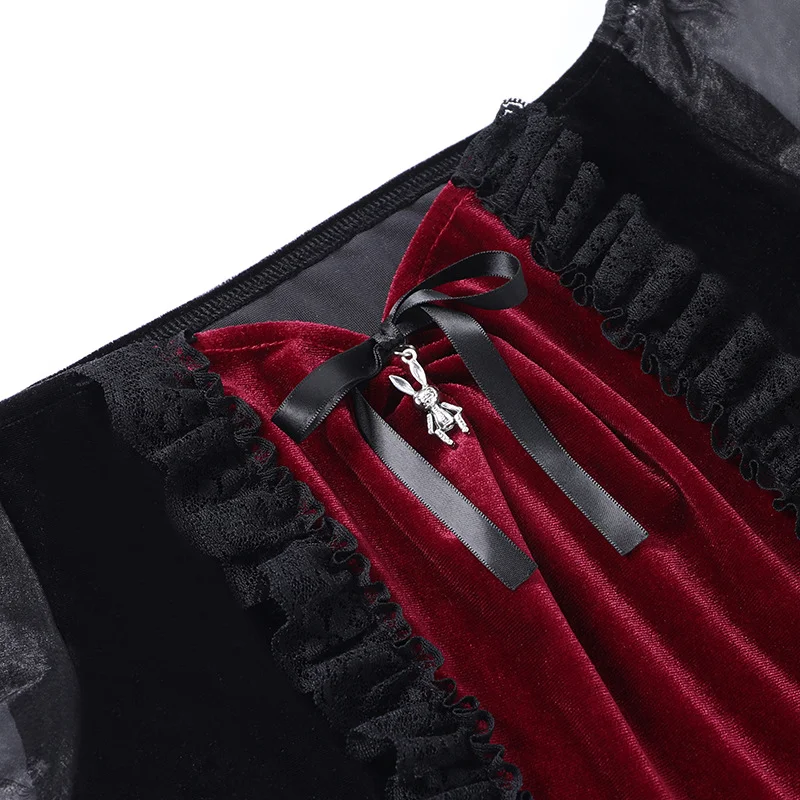 RABBIT PENDANT MESH SLEEVE VELVET TOP