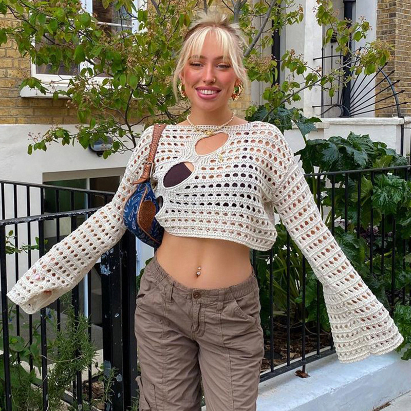Solid Front Cutout Eyelet Crochet Crop Knit Top
